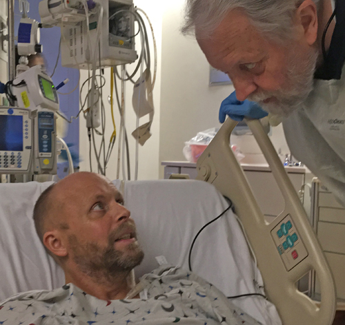 6 pictures show Paul propped up in bed and looking at and taling with ...